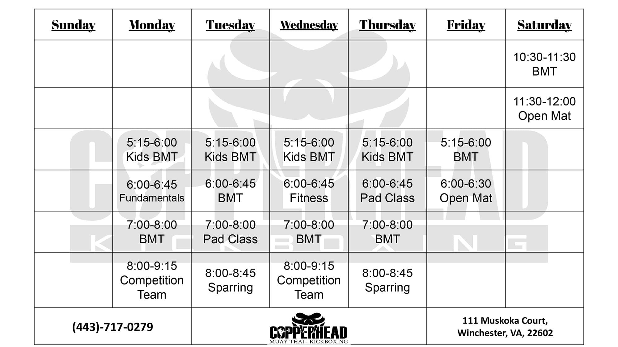 Calendar - Copperhead Kickboxing